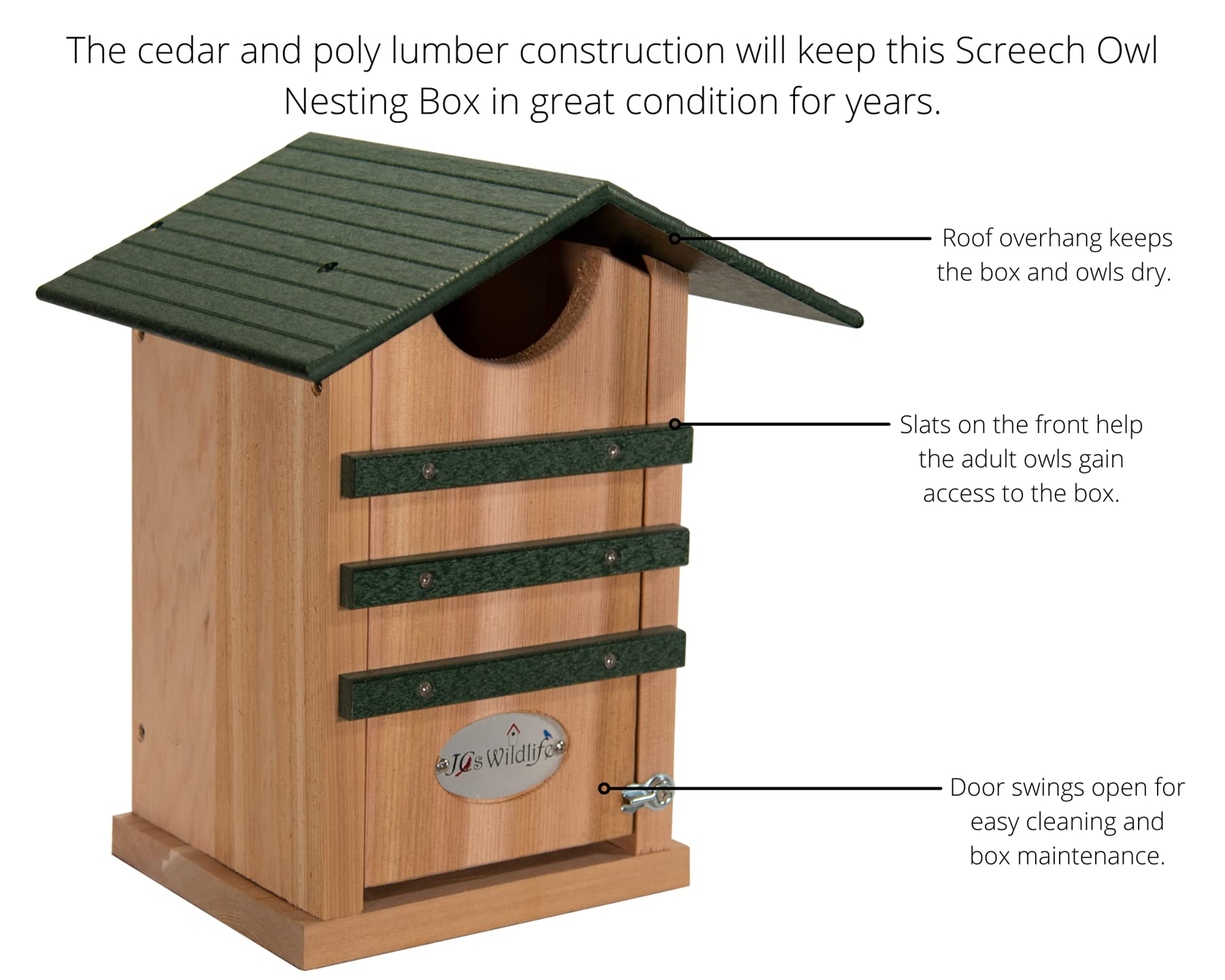 JCs Wildlife Screech or Saw-Whet Owl House - Cedar Nesting Box With Poly Lumber Roof - Made in the USA