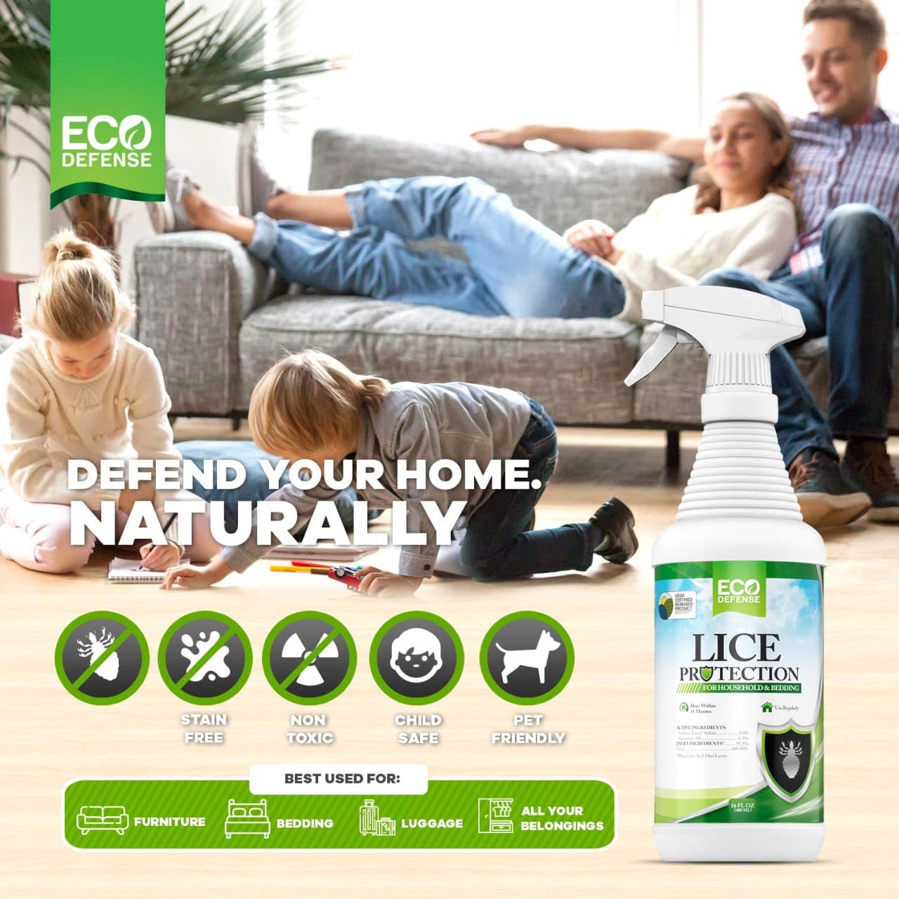 Eco Defense USDA Biobased Lice Spray for Furniture, Bedding, and Home - Natural Extra Strength Treatment - Helps Keep Home Free of Lice