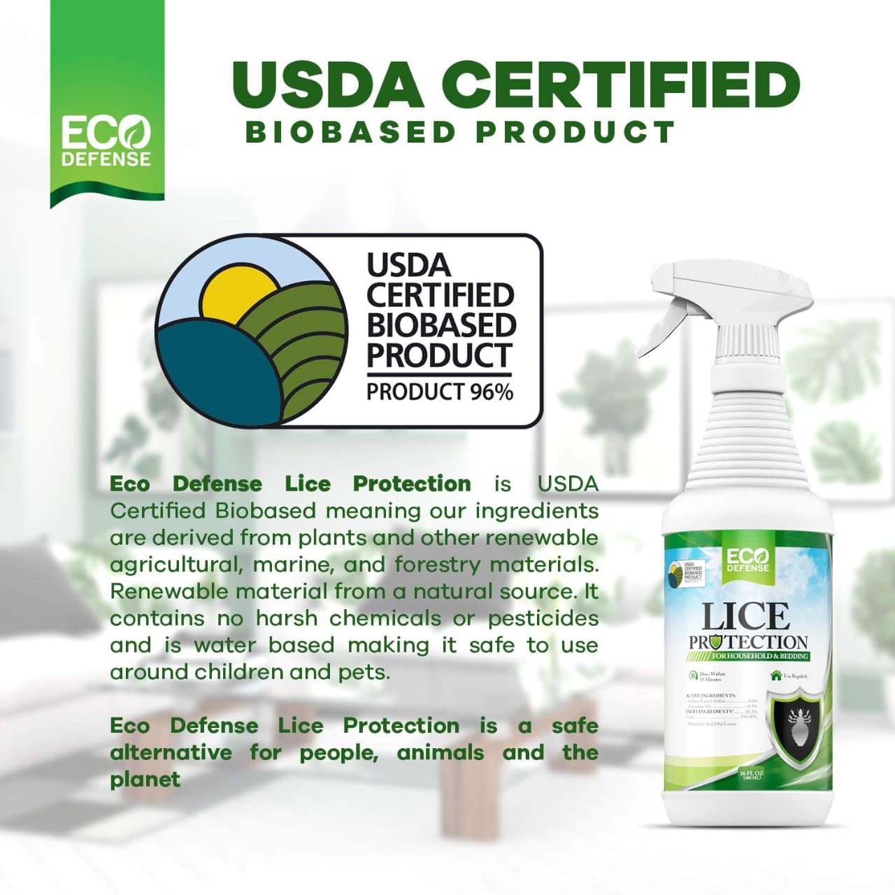 Eco Defense USDA Biobased Lice Spray for Furniture, Bedding, and Home - Natural Extra Strength Treatment - Helps Keep Home Free of Lice