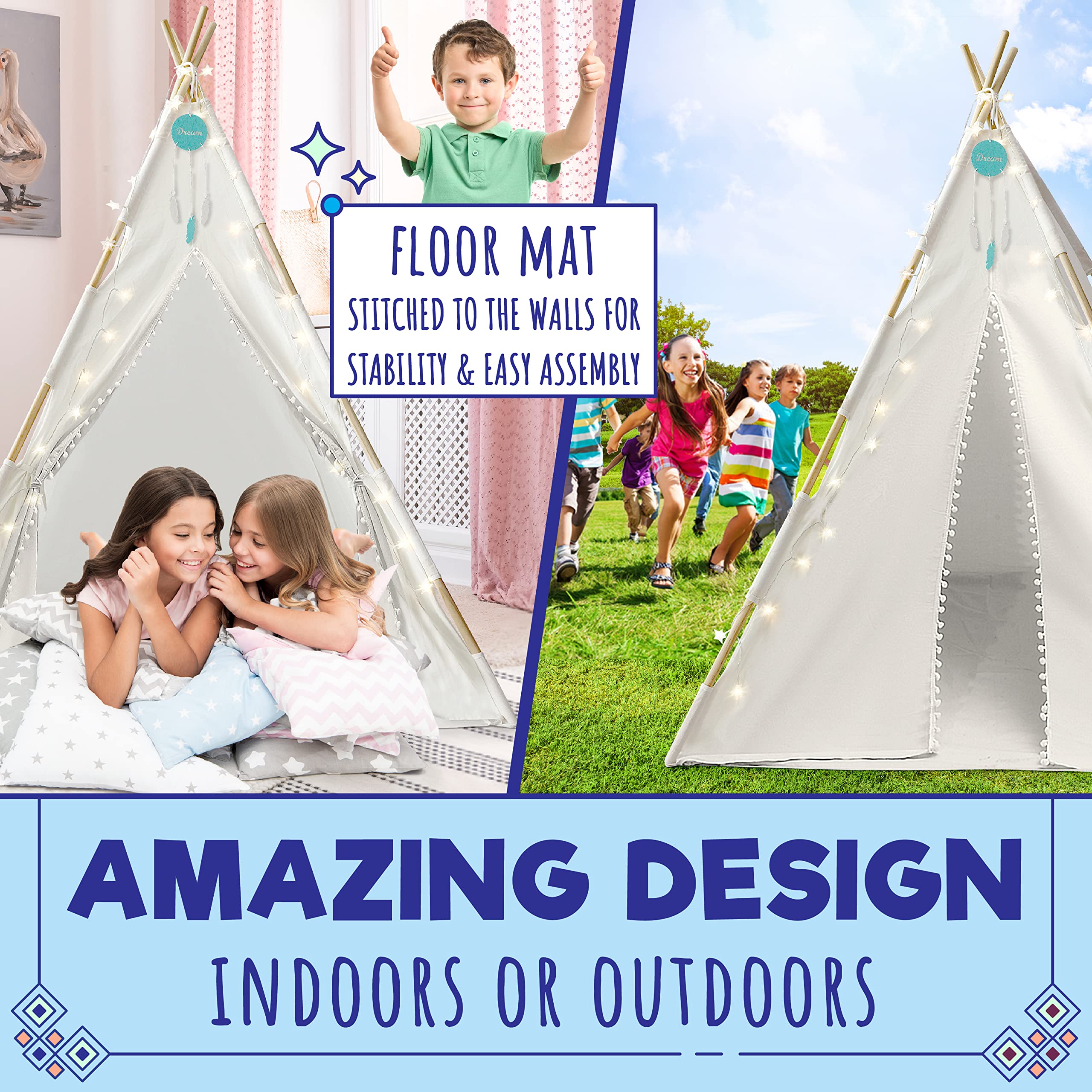 Teepee Tent for Kids - Indoor Tent, Pompon Ball Design, Built-in Mat, Inner Pockets, Window, LED Star Lights, Dream Catcher, Unique Threaded Poles - Strong Foldable Play Tent for Girls & Boys.