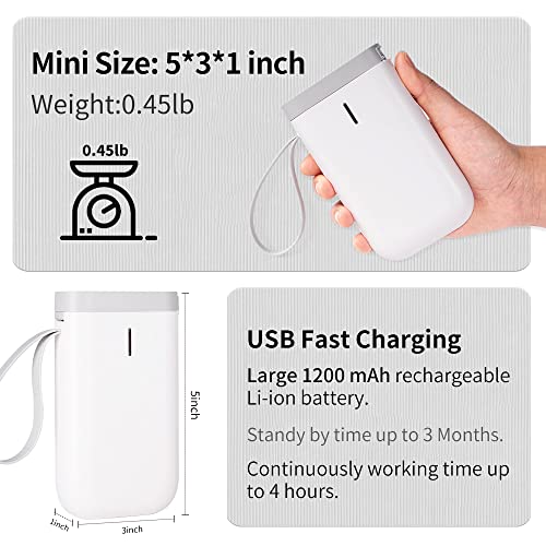 yugyet Mini Lable Maker Bluetooth Thermal Printer Portable with One Label Sticker Roll USB Rechargeable White