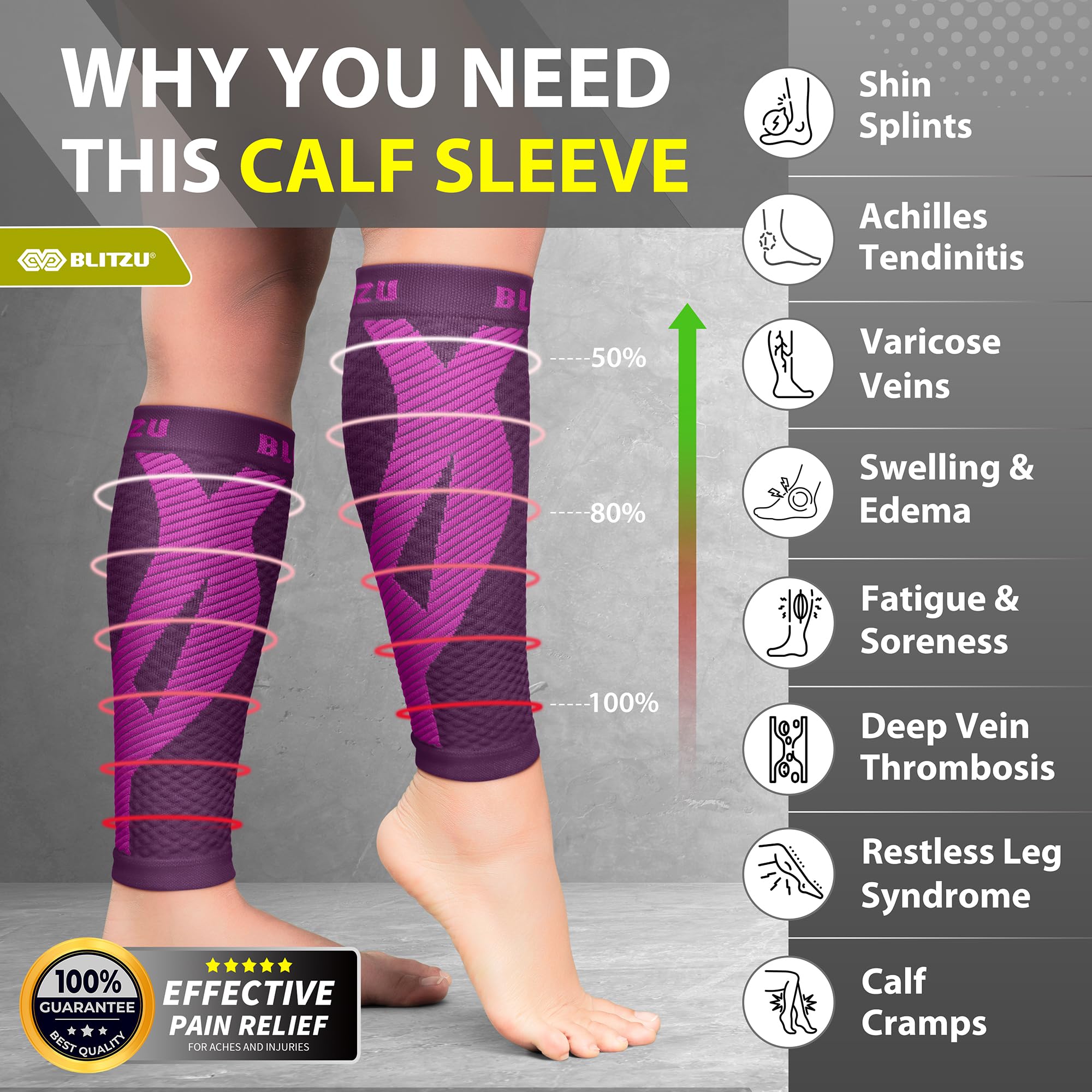 BLITZU Calf Compression Sleeve for Women and Men, Shin Splint Sleeves for Varicose Veins, Nursing, Pregnancy, Running, Footless Compression Socks Support for Calf Muscle Pain Relief Purple L-XL