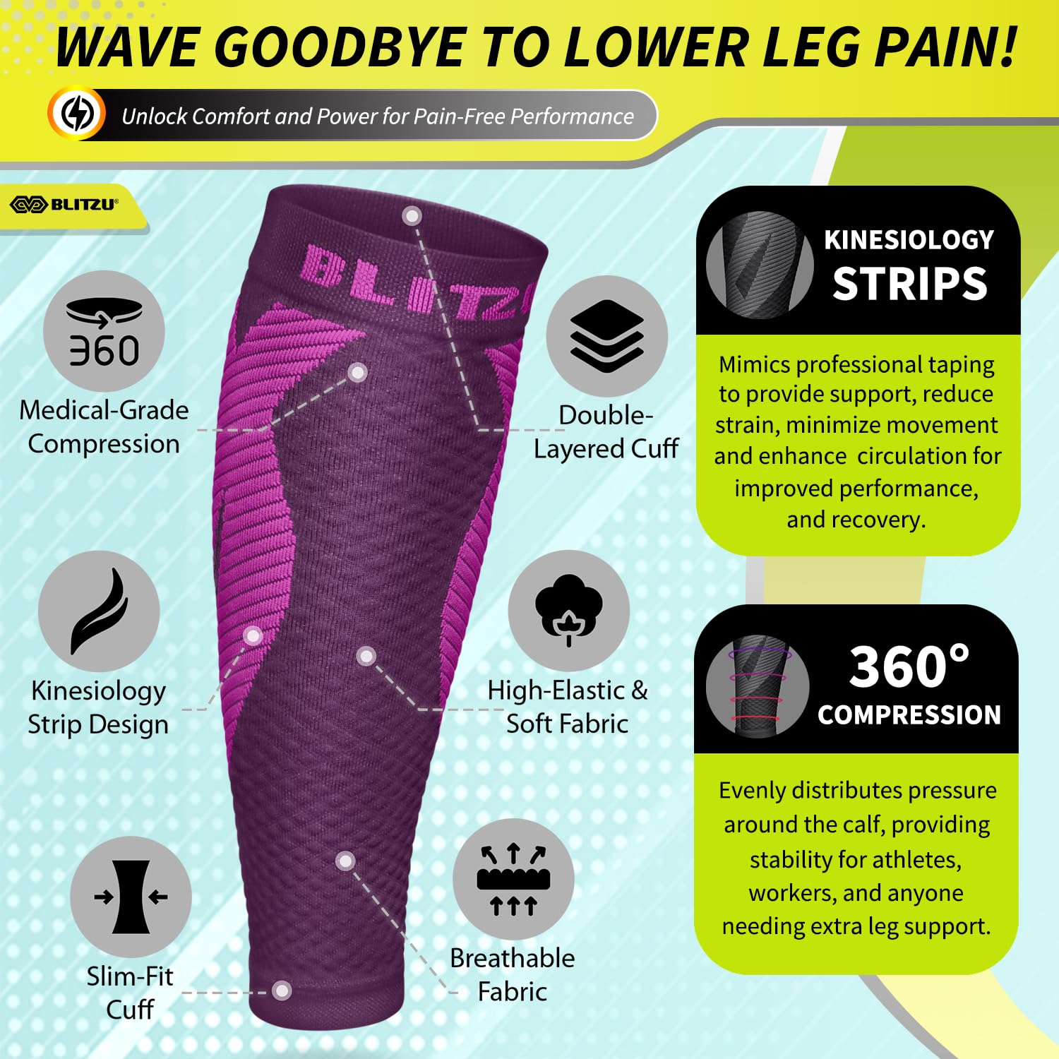 BLITZU Calf Compression Sleeve for Women and Men, Shin Splint Sleeves for Varicose Veins, Nursing, Pregnancy, Running, Footless Compression Socks Support for Calf Muscle Pain Relief Purple L-XL