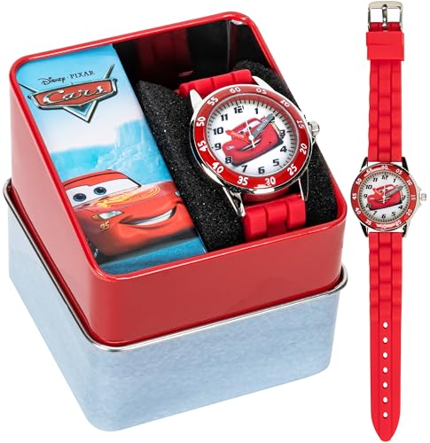 Disney Pixar Cars Kids' Time-Teaching Watch – Lightning McQueen Design with Red Silicone Strap, Easy-to-Read Dial, and Adjustable Fit for Wrists 5.5" to 8"