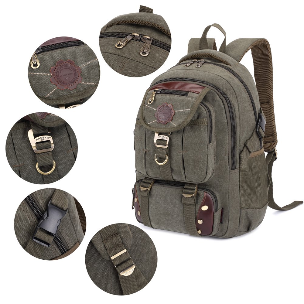 KAUKKO Canvas Backpack Vintage Causal Rucksack Unisex Backpacks for Travel Camping Hiking Army Green