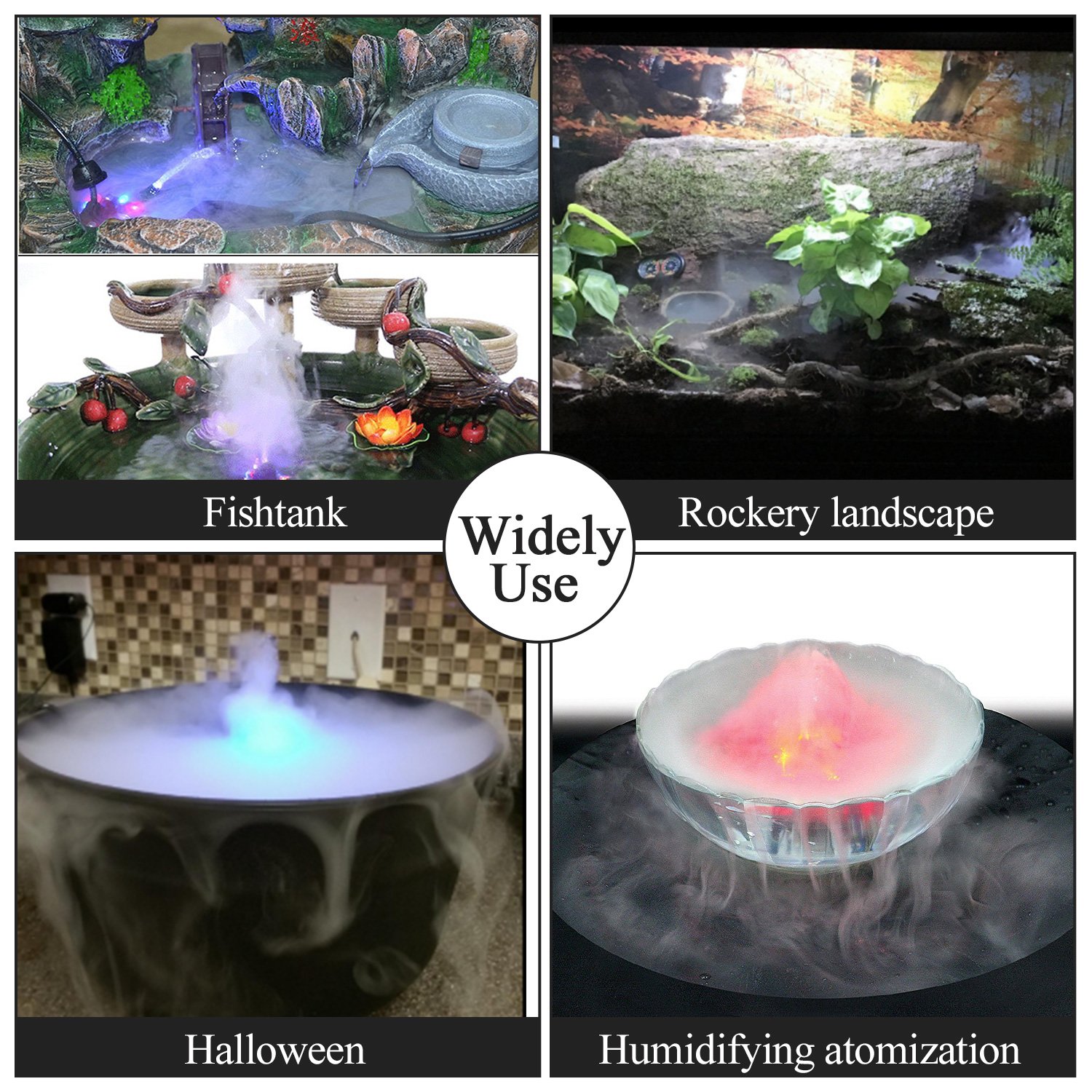 AGPTEK Mist Maker Fogger Water Fountain Pond Fog Machine Atomizer Air Humidifier with 12 LED Light Color Change for Office Home Room Car, Black