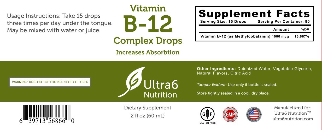 Ultra6 Nutrition Vitamin B12 Sublingual Liquid Drops - B12 Methylcobalamin Supplement Great for Energy & Tiredness - Vitamin-B Supplements for Women & Men - 90 Day Supply