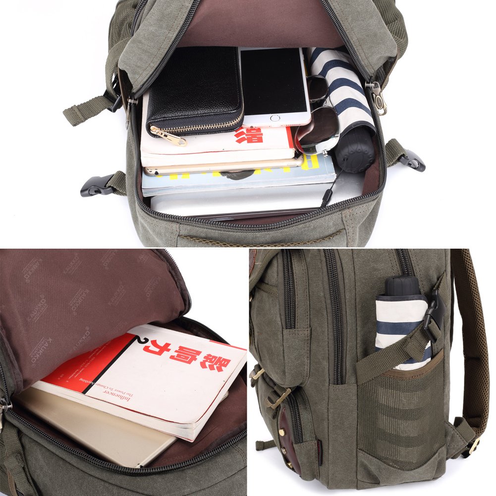 KAUKKO Canvas Backpack Vintage Causal Rucksack Unisex Backpacks for Travel Camping Hiking Army Green