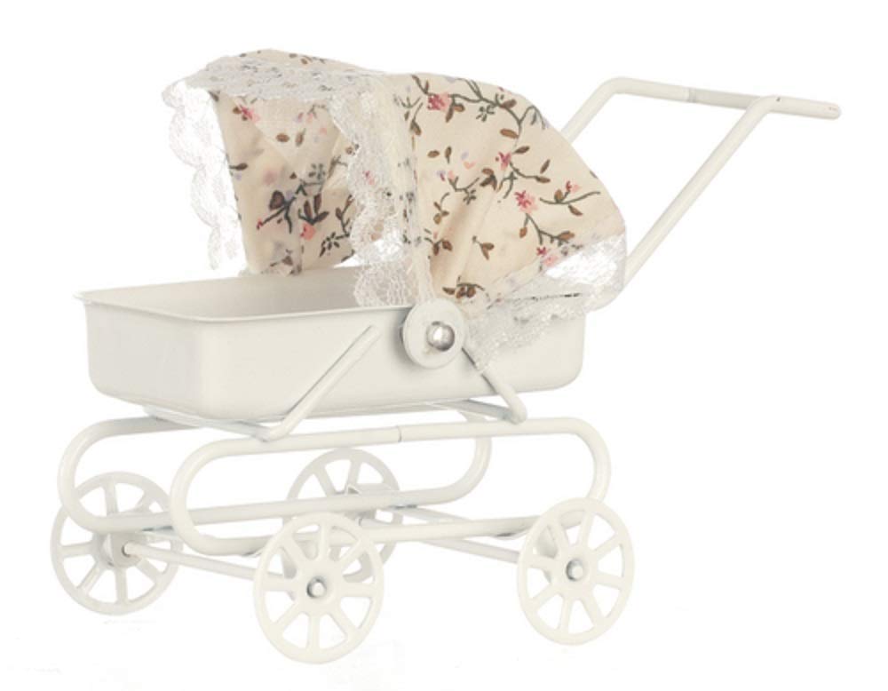 Aztec Imports 1:12 Scale White Vintage Classic Miniature Baby Carriage with Tilt Top