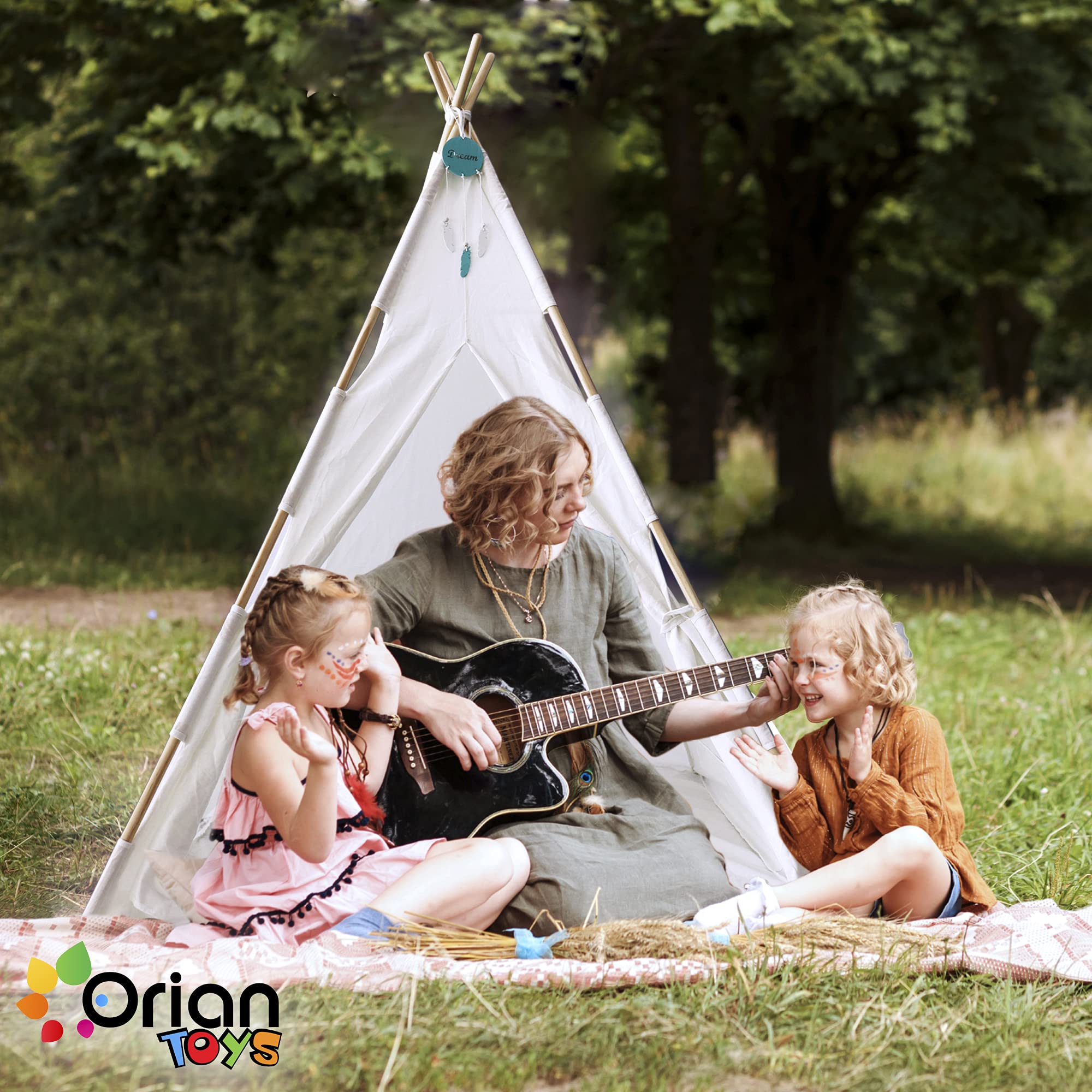 Teepee Tent for Kids - Indoor Tent, Pompon Ball Design, Built-in Mat, Inner Pockets, Window, LED Star Lights, Dream Catcher, Unique Threaded Poles - Strong Foldable Play Tent for Girls & Boys.