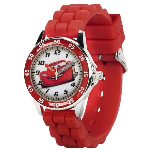 Disney Pixar Cars Kids' Time-Teaching Watch – Lightning McQueen Design with Red Silicone Strap, Easy-to-Read Dial, and Adjustable Fit for Wrists 5.5" to 8"