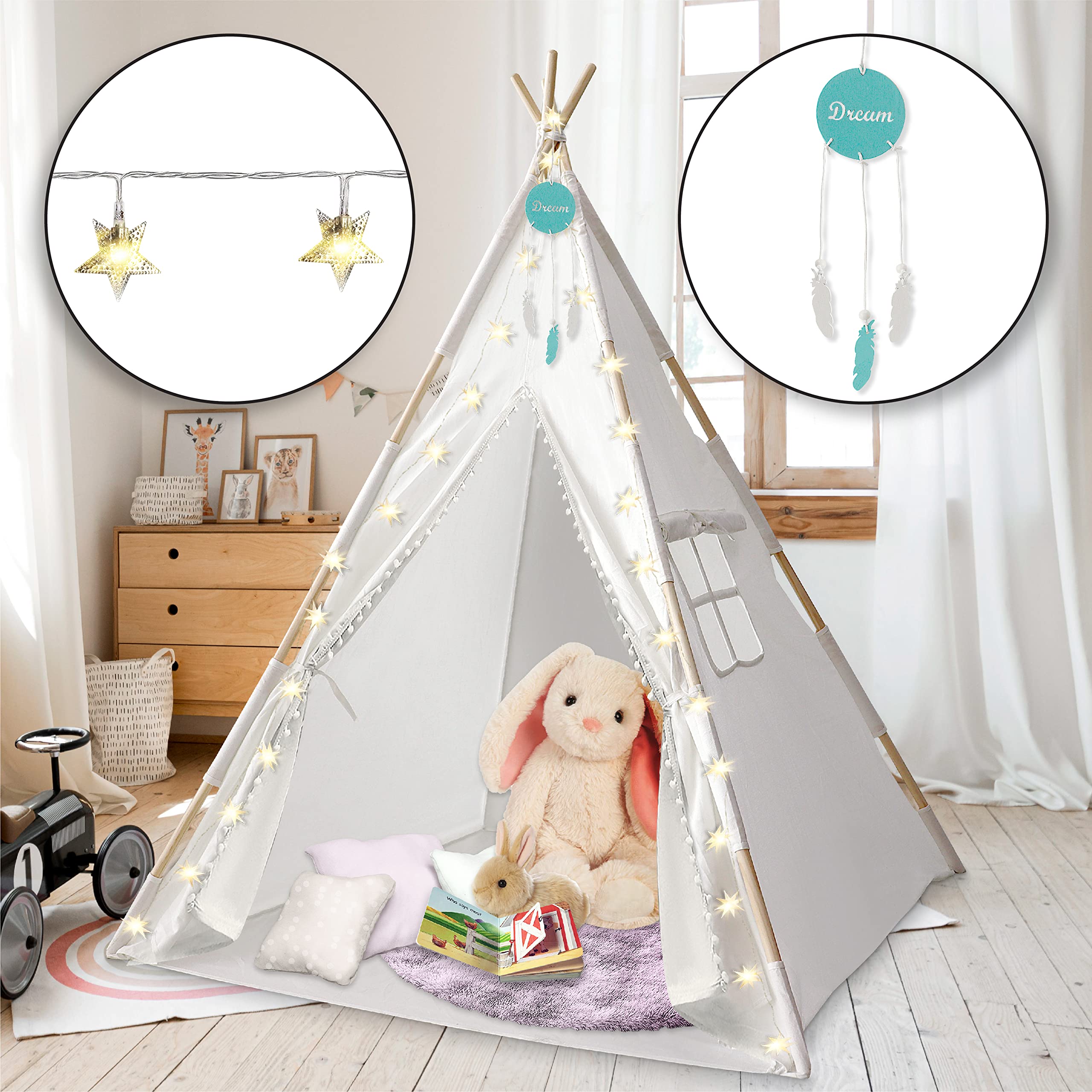 Teepee Tent for Kids - Indoor Tent, Pompon Ball Design, Built-in Mat, Inner Pockets, Window, LED Star Lights, Dream Catcher, Unique Threaded Poles - Strong Foldable Play Tent for Girls & Boys.