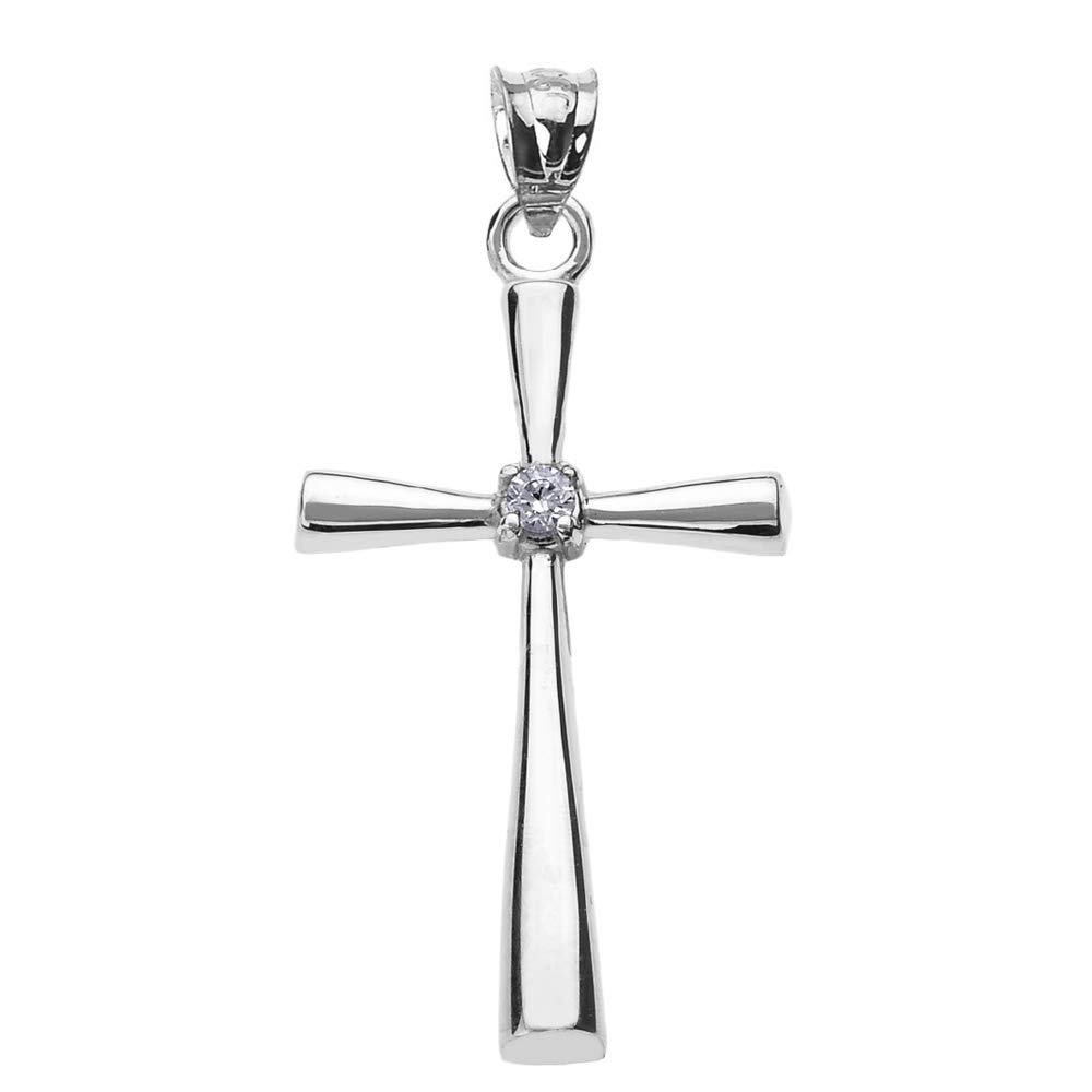 14K White Gold Solitaire Diamond Accented Cross Pendant Necklace, 16"
