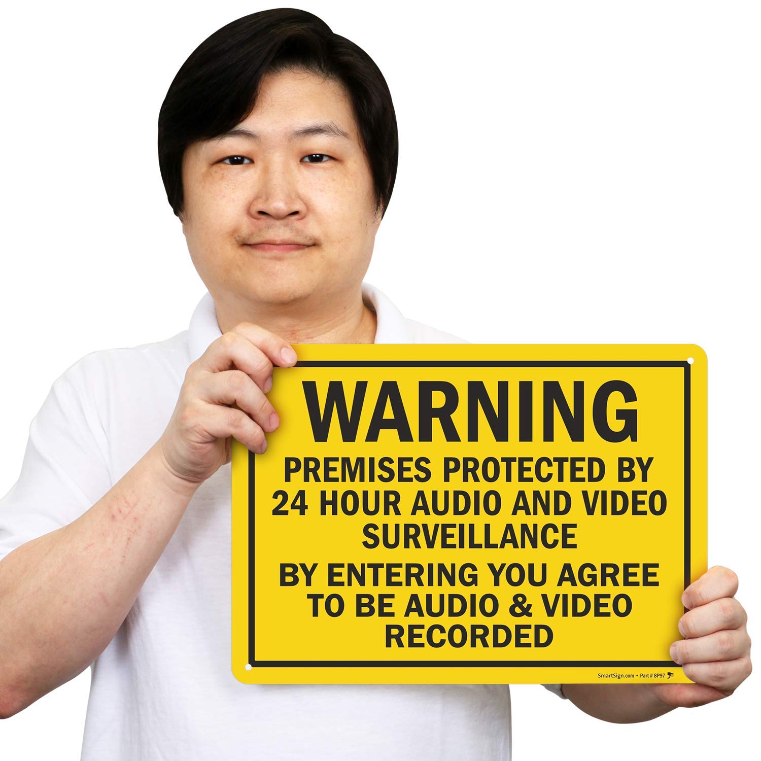 SmartSign 10"x14" 'Warning Premises Protected By 24 Hour Audio/Video Surveillance, By Entering You Agree To Be Recorded' Sign, Digital Printing, 55 mil HDPE Plastic, Black/Yellow, USA-Made