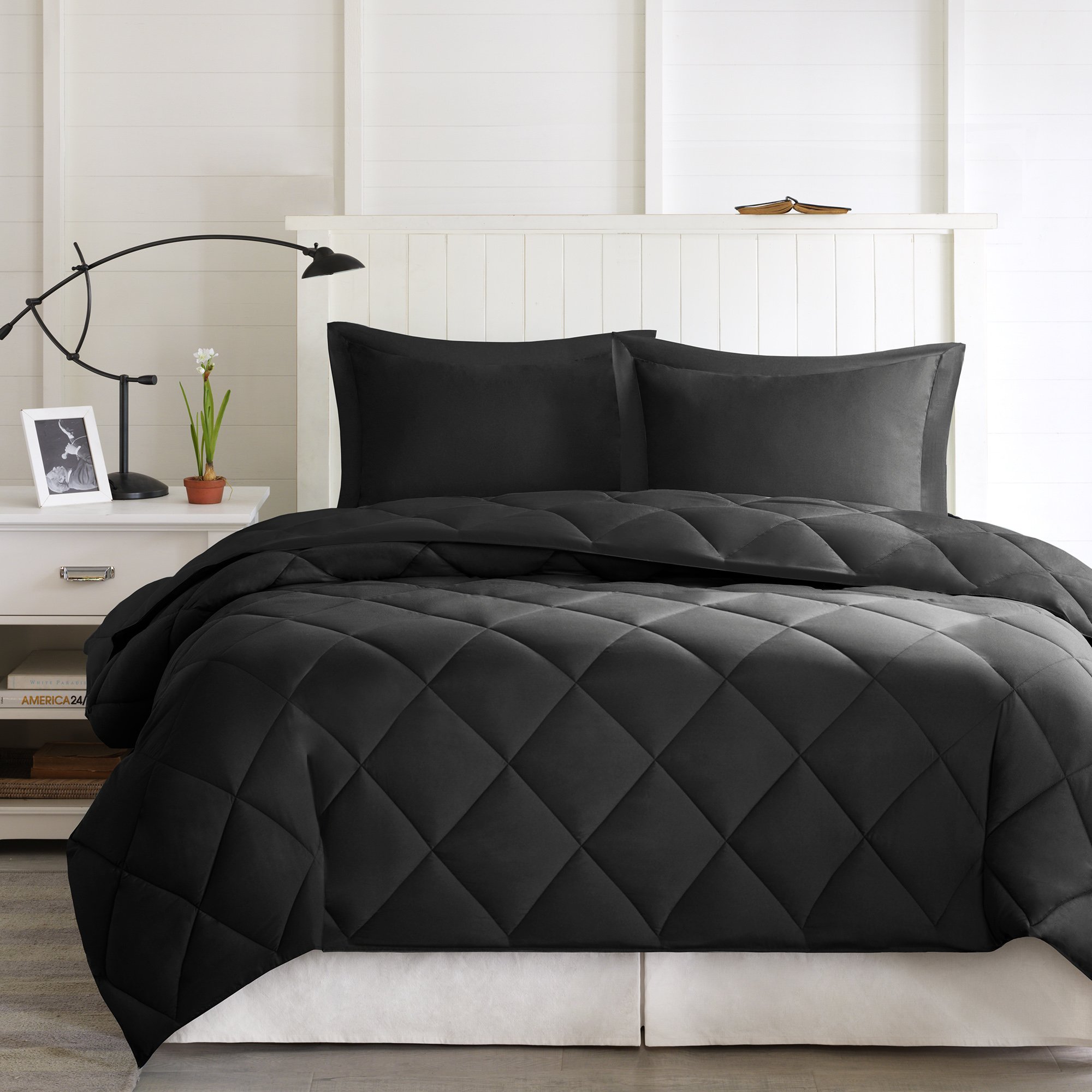Madison Park Larkspur All Season Reversible Two Sides Down Alternative Set 3M Stain Release Comforters, King, Black/Black