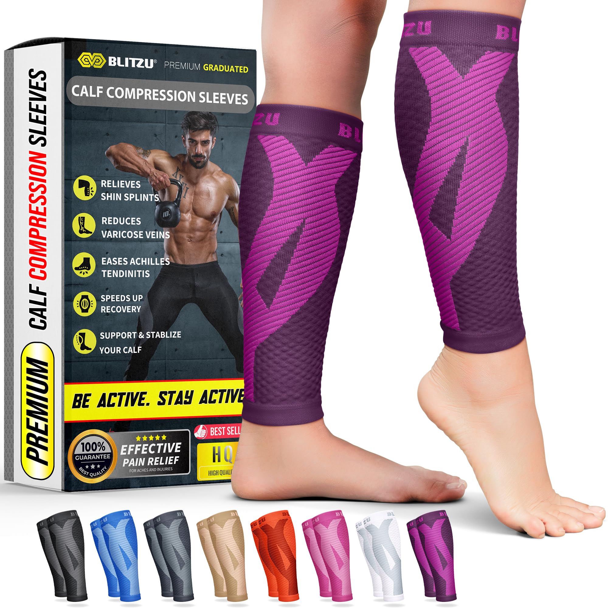 BLITZU Calf Compression Sleeve for Women and Men, Shin Splint Sleeves for Varicose Veins, Nursing, Pregnancy, Running, Footless Compression Socks Support for Calf Muscle Pain Relief Purple L-XL