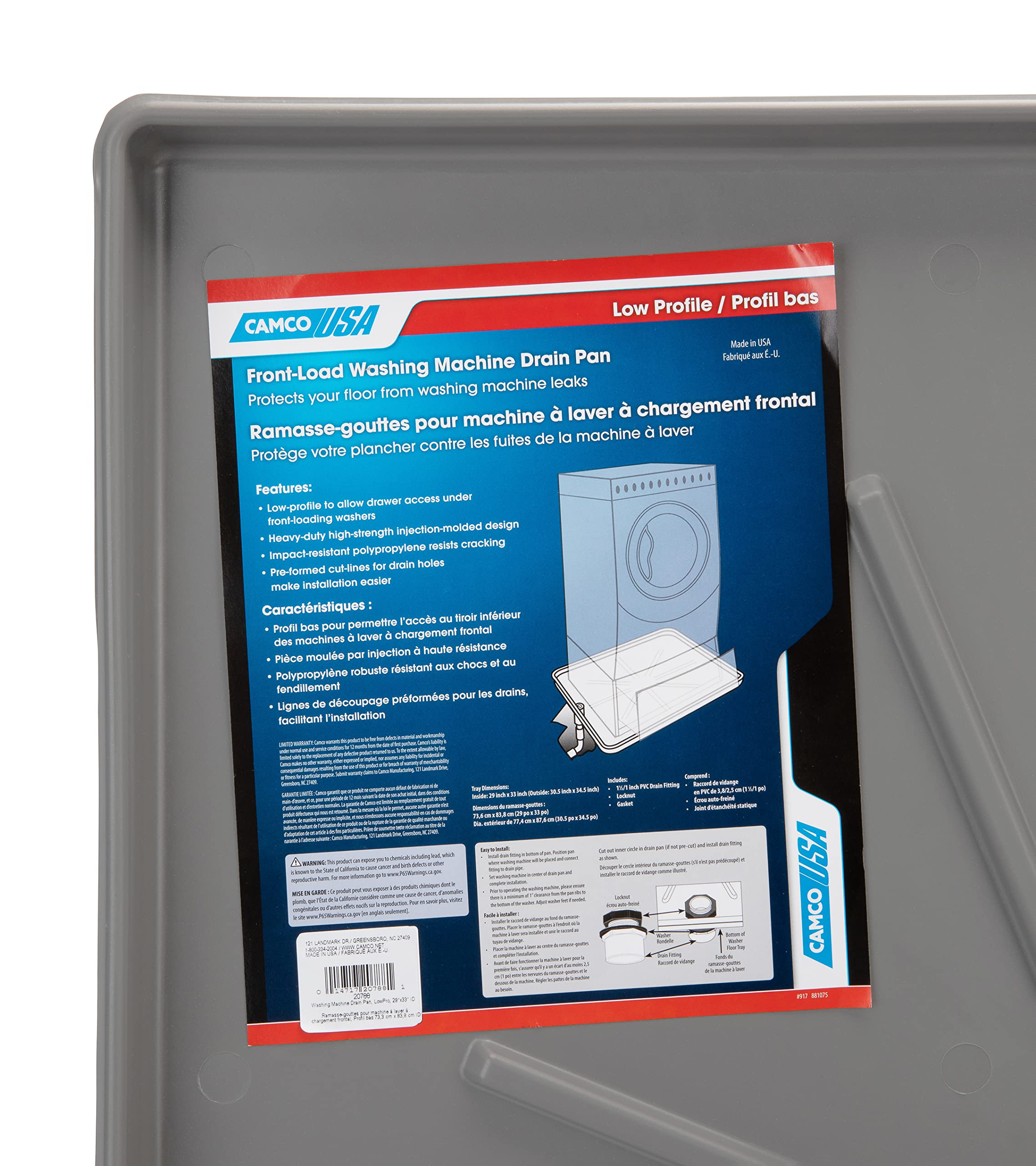 Camco Washing Machine Drain Pan | 31-inches x 35-inches (OD); 29-inches x 33-inches (ID) | Pewter (20788)