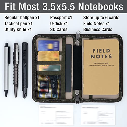 Tintris Journal Cover for Field Notes Notebooks Moleskine Cahier 3.5 x 5.5 with zipper pen holder, Water Resistant Pocket Notebook Cover for Journal Notebook planner, Classy Waxed Canvas, Olive