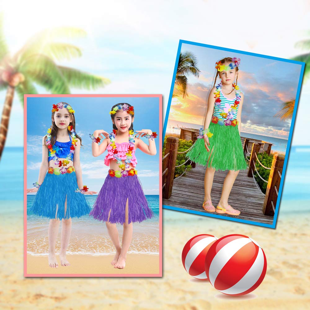 Fortuning's JDS Girl's elastic Hawaiian hula dancer grass skirt with flower costume set -purple Birthday Tropical Party Decorations