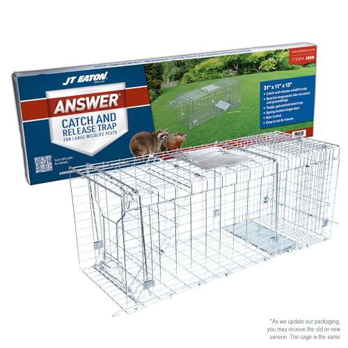 JT Eaton 485N Answer Single Door Live Animal Cage Trap for Medium to Large Size Pests, 31" x 11" x 13", Heavy Duty Steel