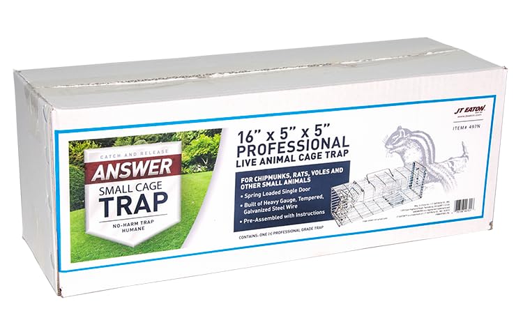 JT Eaton Answer 497N Small Live Cage Trap for Chipmunks, Rats, Voles, Humane Catch and Release with Spring-Loaded Door, Compact Design