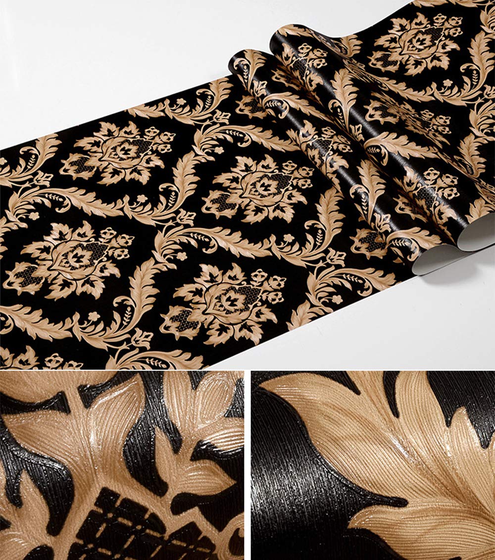 Q QIHANG European Style Gold - Flecked Process Damask PVC Wallpaper Black Colors 0.53m(1.73') x 10m(32.8')=5.3㎡(57sq.ft)