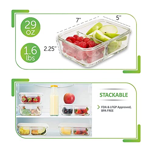 Prep Naturals Glass Meal Prep Containers 2 Compartment 5 Pack - Food Storage Containers - Glass Storage Containers with Lids - Divided Glass Cupcake Carriers 29 Ounce