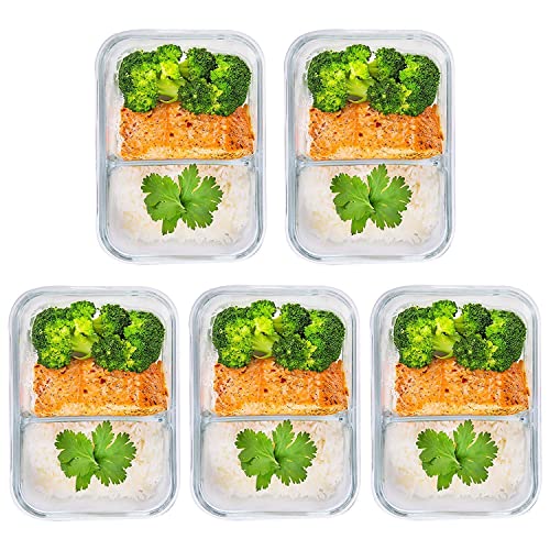 Prep Naturals Glass Meal Prep Containers 2 Compartment 5 Pack - Food Storage Containers - Glass Storage Containers with Lids - Divided Glass Cupcake Carriers 29 Ounce