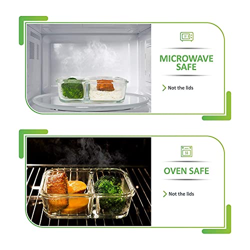 Prep Naturals Glass Meal Prep Containers 2 Compartment 5 Pack - Food Storage Containers - Glass Storage Containers with Lids - Divided Glass Cupcake Carriers 29 Ounce