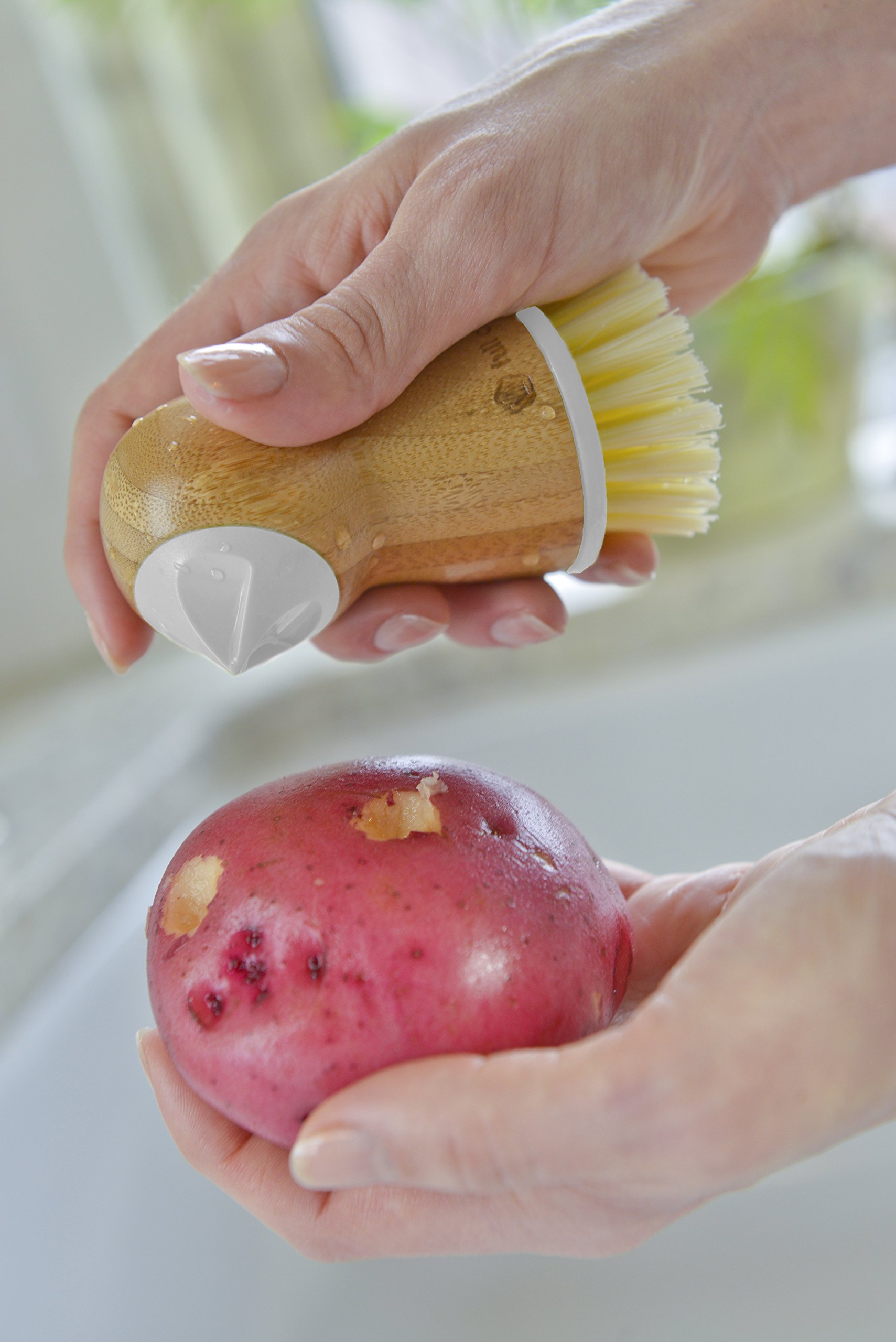 Full Circle Tater Mate Bamboo Potato Brush with Eye Remover, White