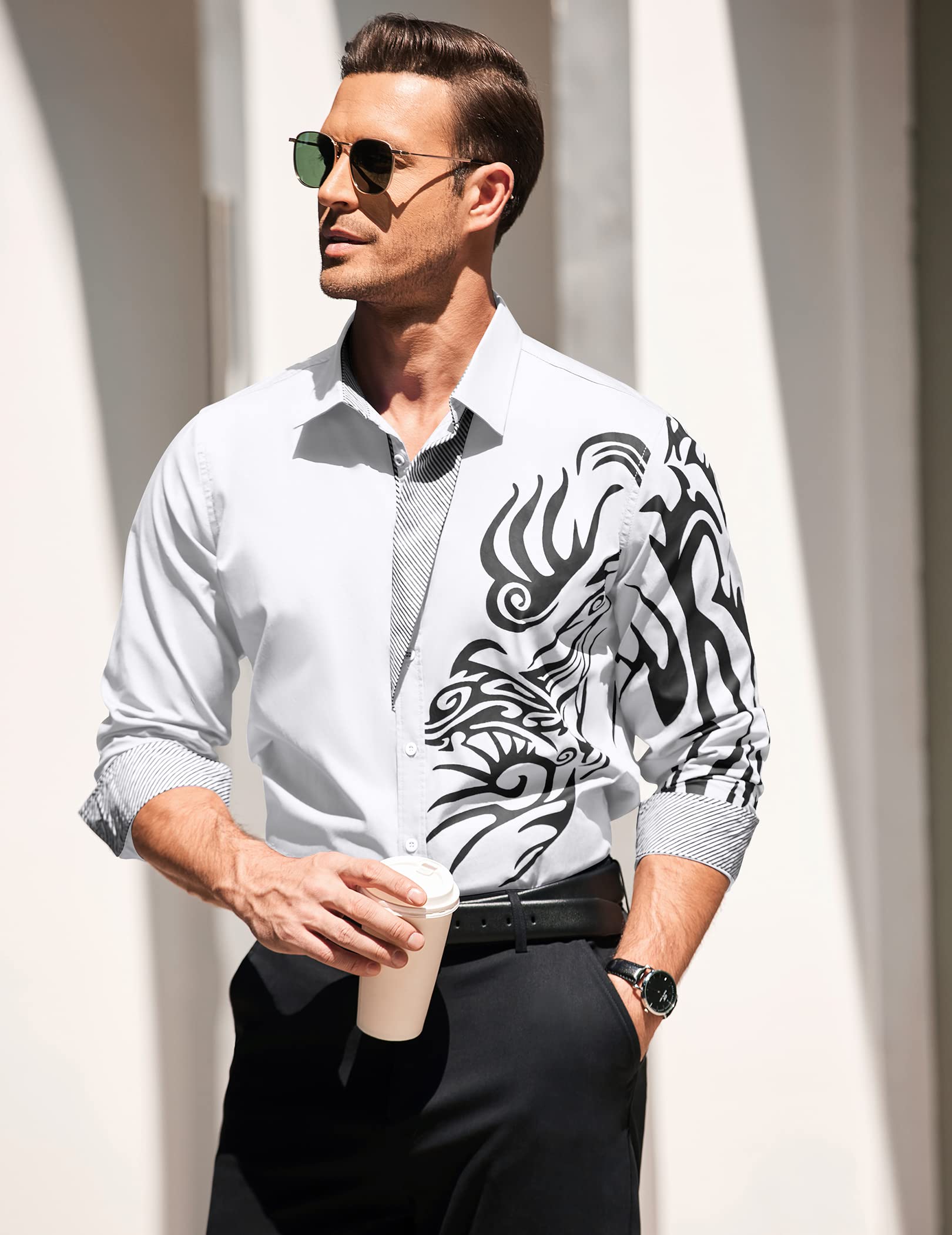 Coofandy Men's Fashion Print Dress Shirt Casual Cotton Button Down Shirts White Medium