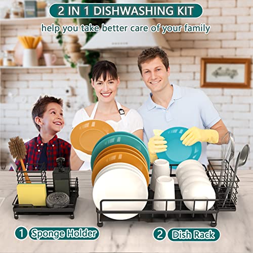 LKKL Dish Racks for Kitchen Counter- Rustproof Kitchen Dish Drying Rack with Drainboard,2 in 1 Small Dish Rack Drainer Set with Sponge Holder,Saving Space Dish Drainers for Kitchen Counter,Black