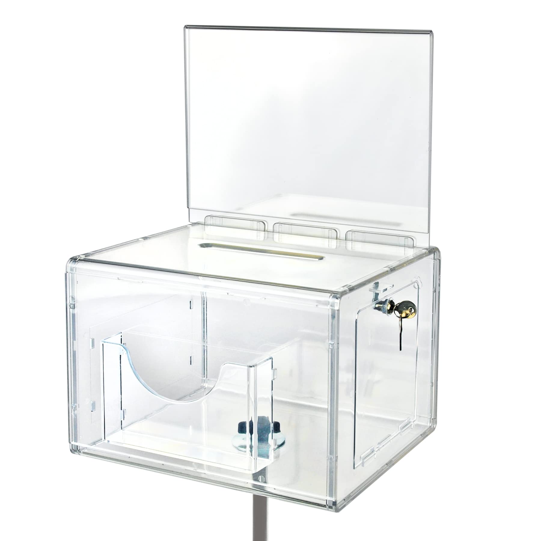 Azar Displays 206325-CLR Suggestion Box with Lock and Keys, Donation Box, Offering Box, Locked Display Stand, Acrylic Sign Holder on Pedestal, Clear Locking Box with Slot, 11"x 8.25"x8.25"