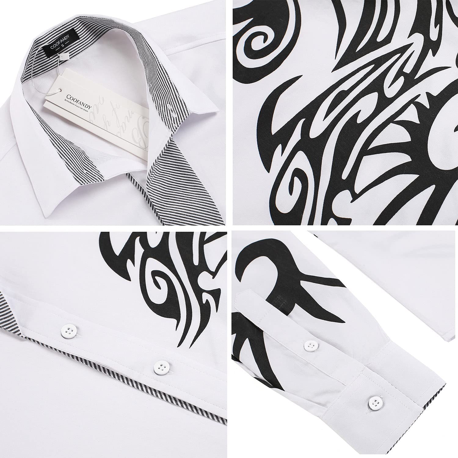 Coofandy Men's Fashion Print Dress Shirt Casual Cotton Button Down Shirts White Medium