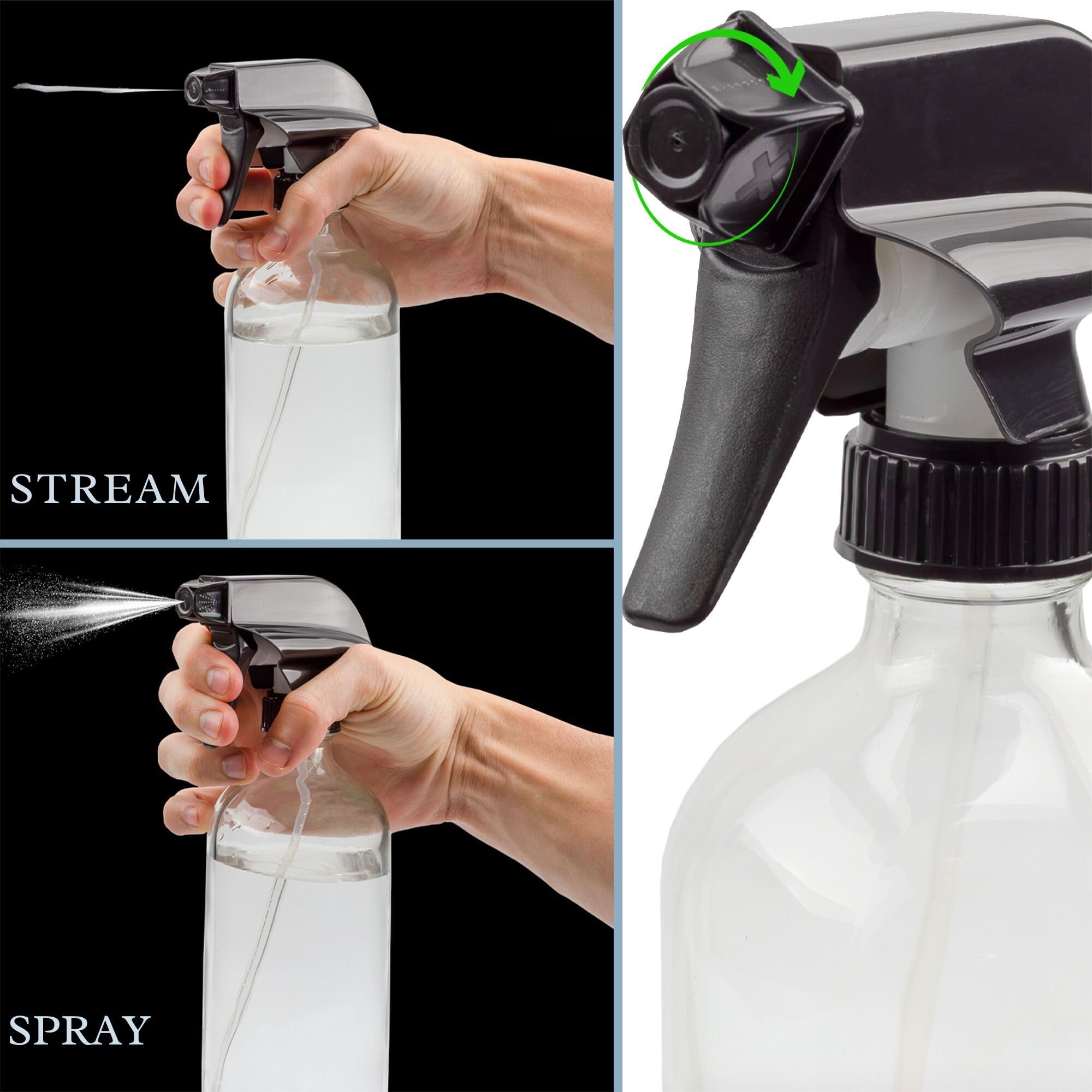 Cornucopia 16oz Clear Glass Spray Bottles w/Chalk Labels (2 Pack); Boston Round Bottles with 3-Setting Adjustable Heavy Duty Sprayers