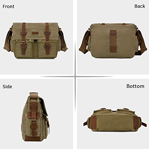 Kattee Military Messenger Bag Canvas Leather Shoulder Bag Fits 15.6 Inch Laptop (Army Green)