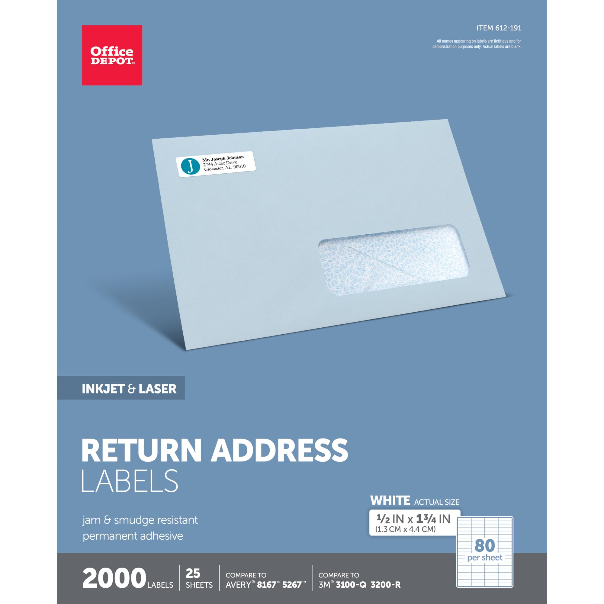 Office Depot White Inkjet/Laser Return Address Labels, 1/2in. x 1 3/4in., Pack Of 2,000, 505-O004-0001