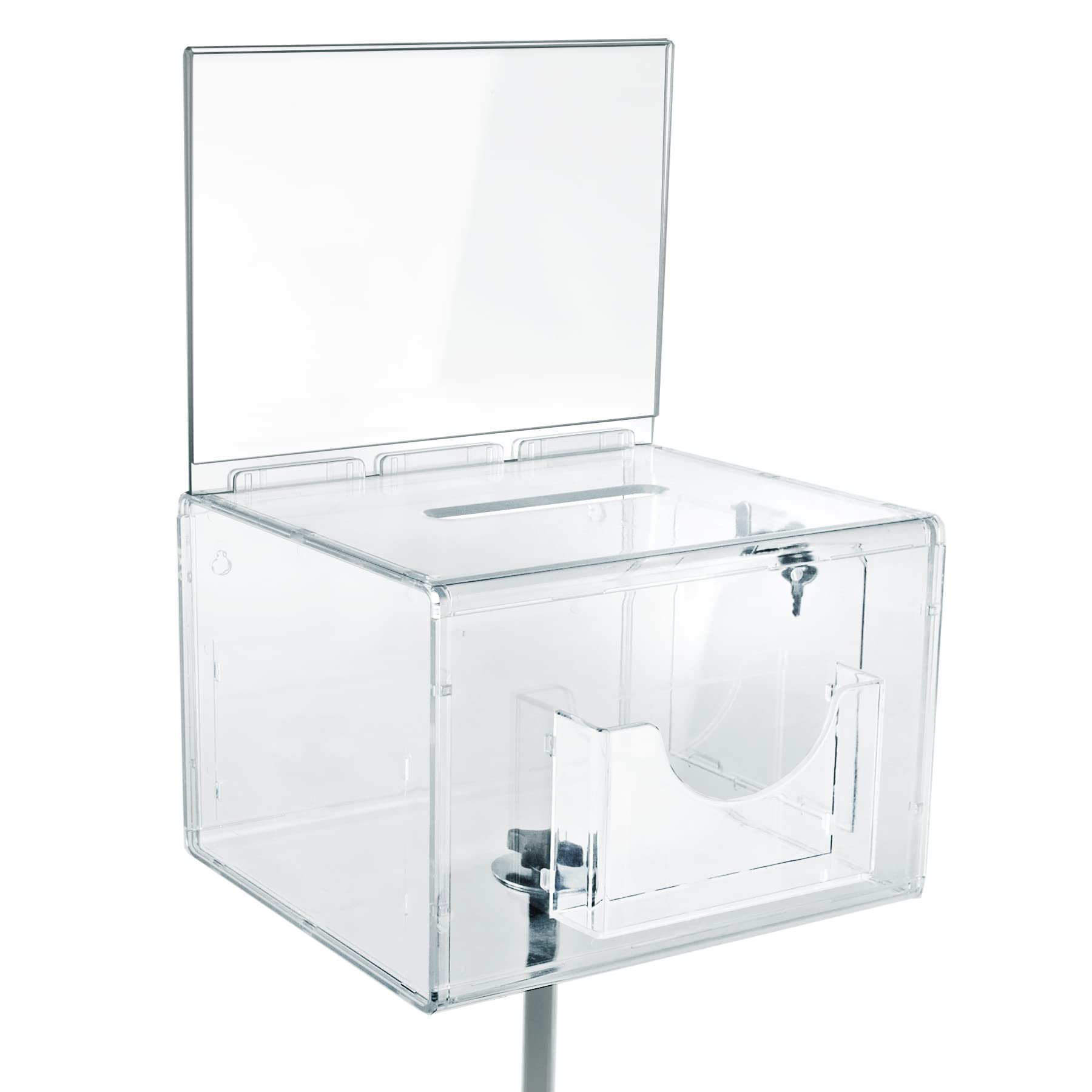 Azar Displays 206325-CLR Suggestion Box with Lock and Keys, Donation Box, Offering Box, Locked Display Stand, Acrylic Sign Holder on Pedestal, Clear Locking Box with Slot, 11"x 8.25"x8.25"