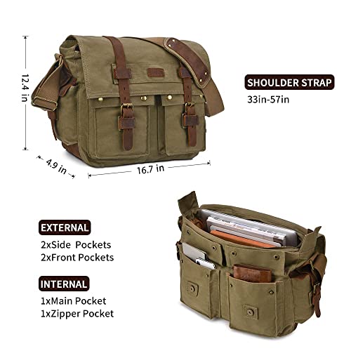 Kattee Military Messenger Bag Canvas Leather Shoulder Bag Fits 15.6 Inch Laptop (Army Green)