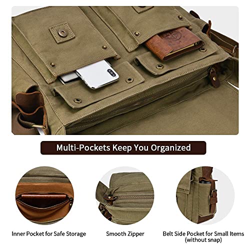 Kattee Military Messenger Bag Canvas Leather Shoulder Bag Fits 15.6 Inch Laptop (Army Green)