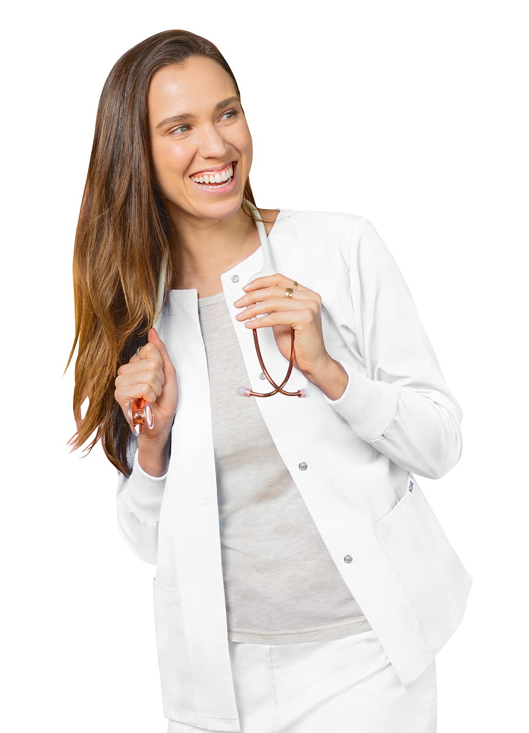 Adar Uniforms Women's Universal Round Neck Warm-Up Scrub Jacket - 602 - White - M