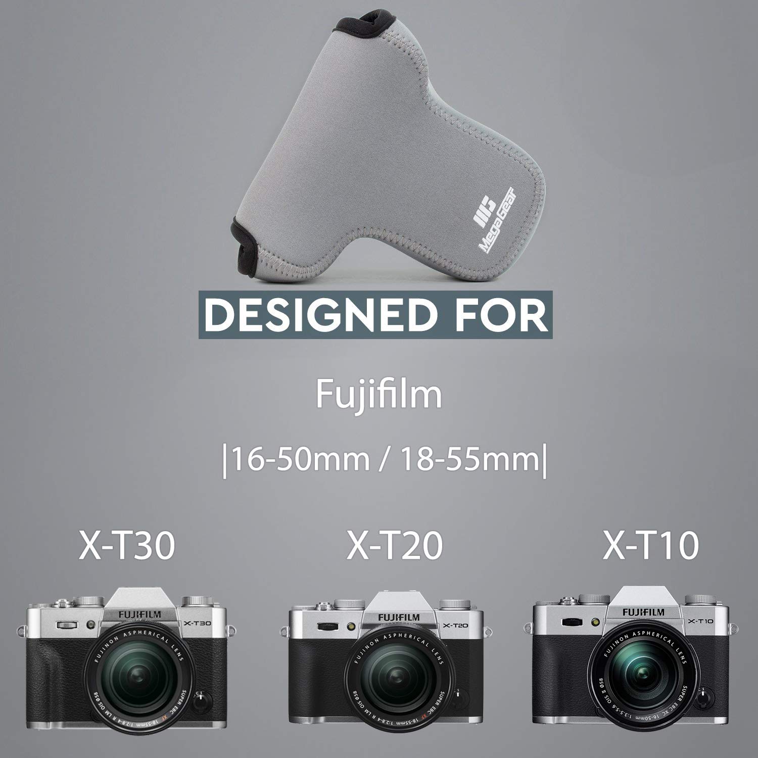 MegaGear MG581 Ultra Light Neoprene Camera Case compatible with Fujifilm X-T30 MII, X-T30, X-T20 (16-50mm / 18-55mm Lenses), X-T10 - Gray, PU Leather,Grey