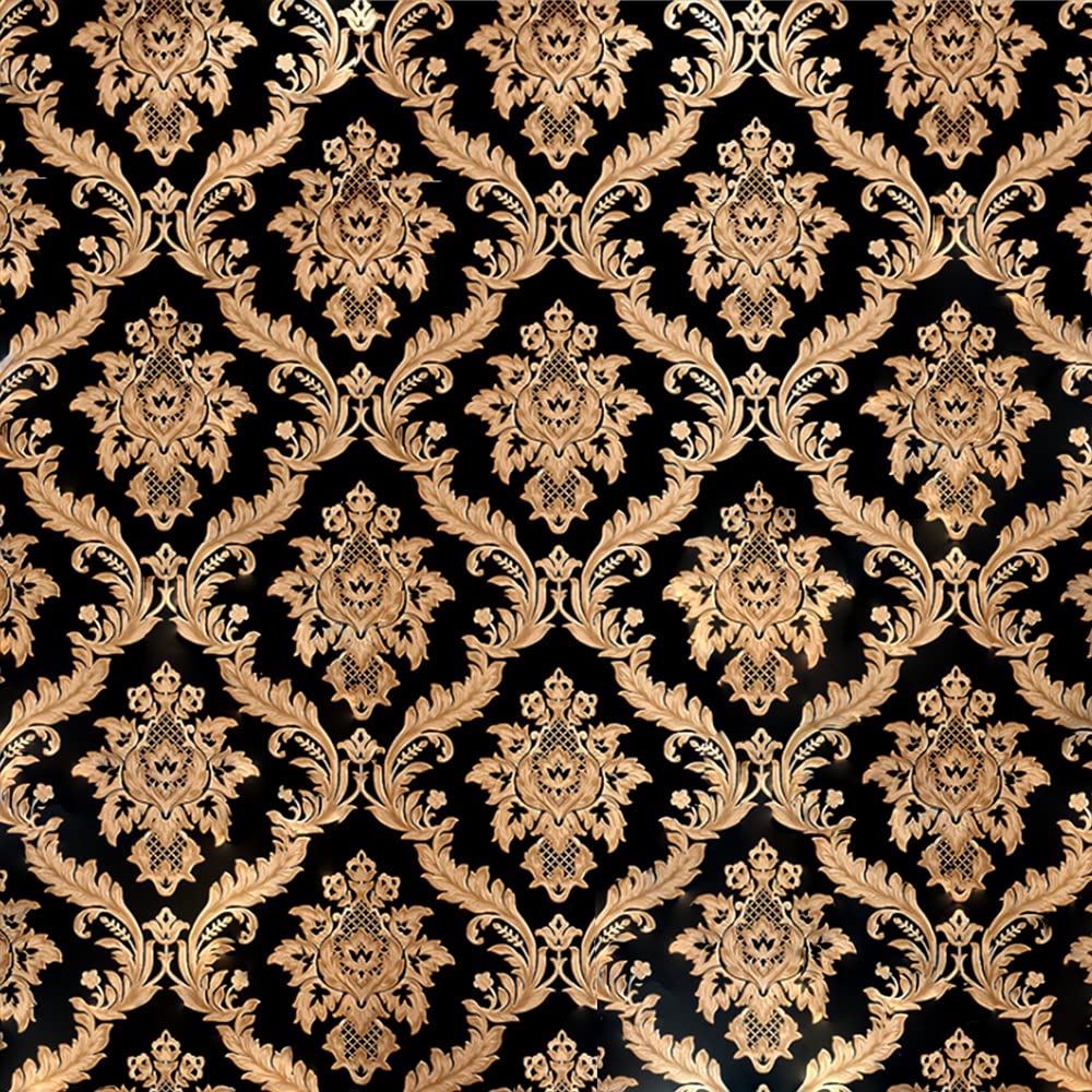Q QIHANG European Style Gold - Flecked Process Damask PVC Wallpaper Black Colors 0.53m(1.73') x 10m(32.8')=5.3㎡(57sq.ft)
