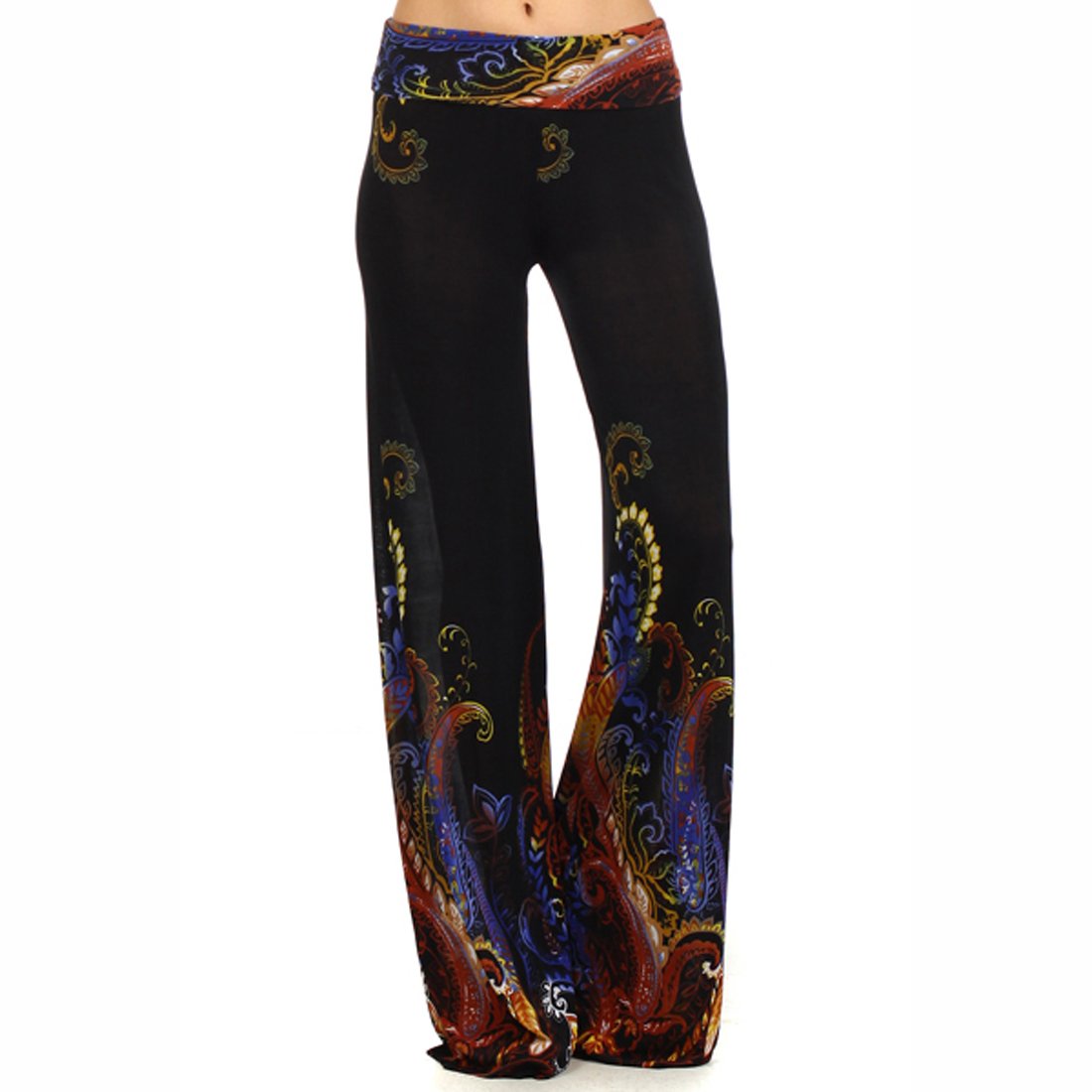Black Palazzo Pants Multi Color Leaf Print Design, Fold Over Waist Band Small