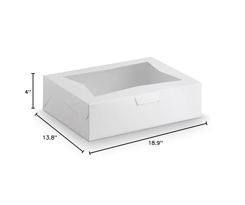 10 Pcs Half Sheet Cake Boxes 19x14 In - White Bakery Boxes with Window, Glossy Finish and Flip Top - Strong Cardboard, Easy Assemble, Secure Transport, Great for Cookies, Cakes, Donuts, and Gifting
