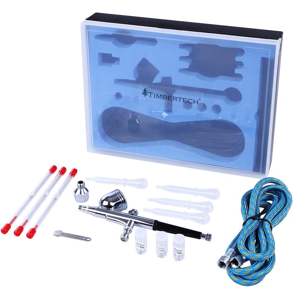TIMBERTECH Precision Airbrush Professional Dual Action Airbrush ABPST01 with 1/8’’-1/4’’ Adapter, 6ft Airbrush Hose, 0.2/0.3/0.5mm Nozzles and Needles for Painting, Cake Decorating, Tattoo, Models Art