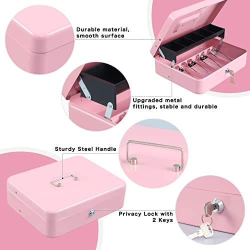 xydled Cash Box with Money Tray and Key Lock,Tiered, Cantilever Design,4 Bill / 5 Coin Slots,11.8" x 9.5" x 3.5",Pink