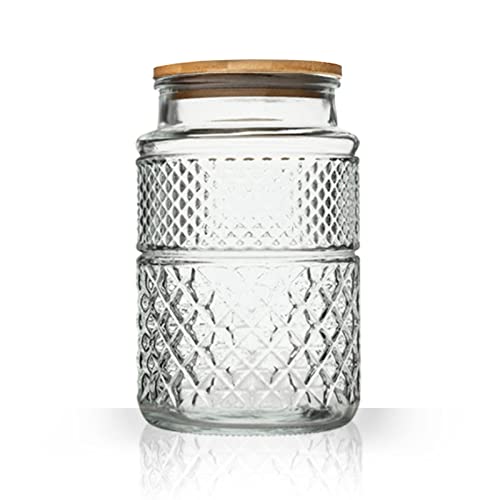 Large Glass Storage Jar, 60 FL OZ Glass Food Storage Containers with Bamboo Lid, Kitchen Containers Cereal Canisters Decorative Jar for Candy Snack Cookies Coffee Tea Nuts Airtight Glass Jars (Round)
