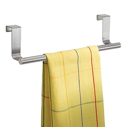 Mziart Towel Bar with Hooks for Bathroom and Kitchen, Brushed Stainless Steel Towel Hanger Over Cabinet Door (14inch)