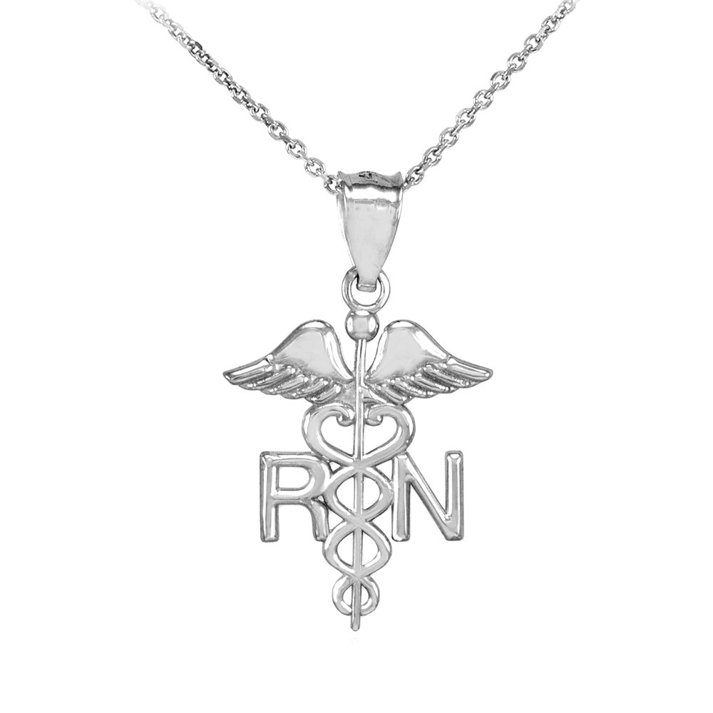 American Heroes Polished 10k White Gold Caduceus RN Charm Registered Nurse Pendant Necklace, 18"